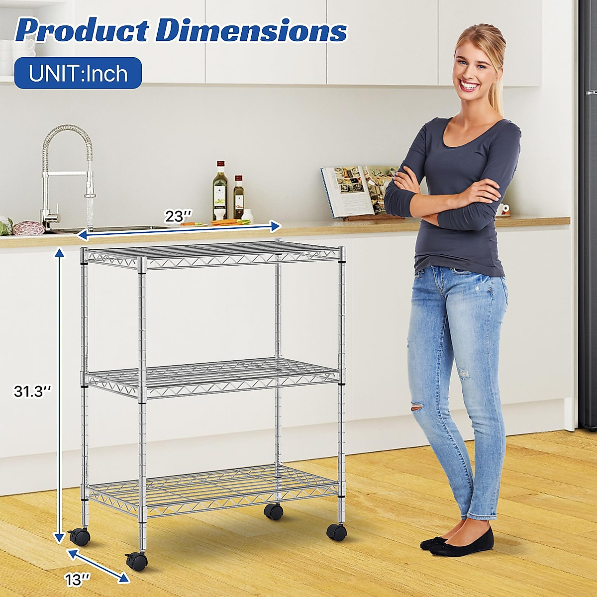 WYGMAV 3 Tier Shelf Metal Wire Shelving Unit Adjustable Storage Shelves Small Storage Rack Heavy Duty Steel Standing Shelf Units for Restaurant, Garage, Kitchen Metal Shelf with Wheels, Chrome