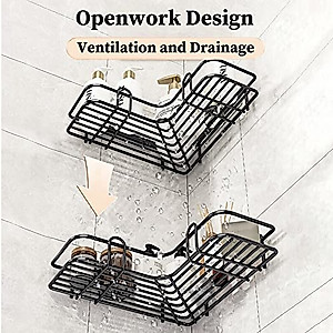 Corner Shower Caddy, Bathroom Accessories for Bathroom Storage, 2-Pack No Drilling RustProof Stainless Steel Shower Rack Wall Shelves Organizer, 1 Soap Holder with 8 Adhesive Hooks, Black