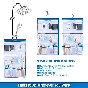 GUMQDD 6 Storage Pockets Hanging Mesh Shower Caddy,Bringing hooks can save bathroom space and fast drying,Ideal for gyms, college dorms, RV bathrooms, travel and pool locker rooms (Blue)