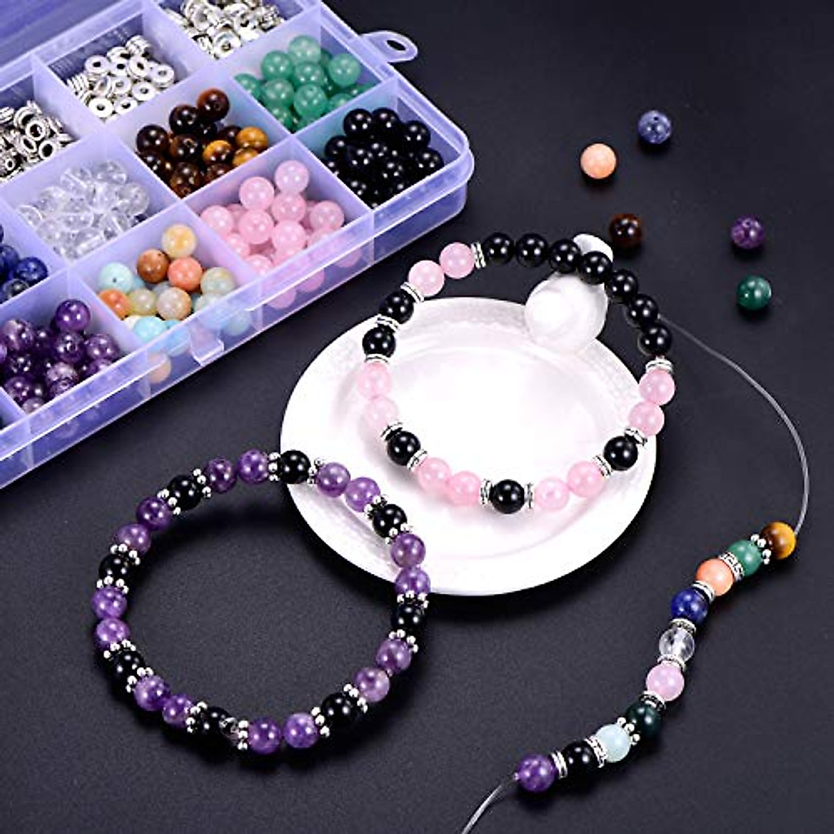 300Pcs Gemstone Round Loose Beads Wholesale Natural Stone Beads with Spacer Beads and Elastic String for Bracelets Jewelry Making