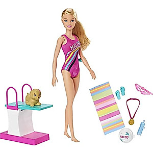 Barbie Dreamhouse Adventures Swim 'n Dive Doll, 11.5-Inch, in Swimwear, with Swimming Feature, Diving Board and Puppy, Gift for 3 to 7 Year Olds