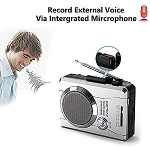 Walkman Cassette Player Tape Recorder with AM/FM Radio, Portable Retro Voice Cassette Tape Player with Headphone Jack/Speaker, Built-in Microphone, Powered by 2 AA Battery or DC
