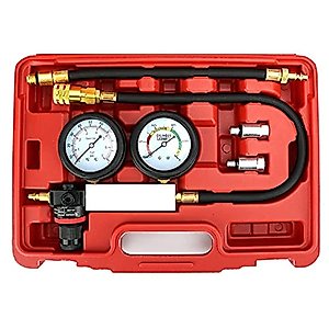 Cylinder Leakage Detector, Dual Pressure Gauges Engine Compression Leakdown Detector Tester Kit for Piston, Valve, Head Gasket Diagnosis Leakage Test Set, with Spark Plugs