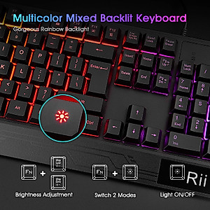 Rii RK400 RGB Gaming Keyboard and Mouse Combo ,Wired Mechanical Feel 3-LED Backlit Keyboard,104 Keys USB Ergonomic Wrist Rest Keyboard,6 Button RGB Mouse for Windows Gamer Desktop, Computer (Black)