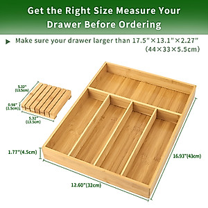VaeFae Bamboo Silverware Organizer, Utensil Holder for Drawer, Wooden Cutlery Tray with Divider for Kitchen, Flatware Storage and Removable Knife Block, 13 x 17 inches