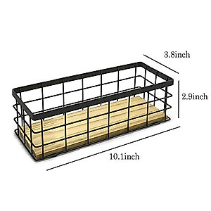 JOYJOO Metal Storage Basket Small with Wood Base, Decorative Baskets for Home Storage, Wire Basket for Organizing Small Tableware Black with Brown