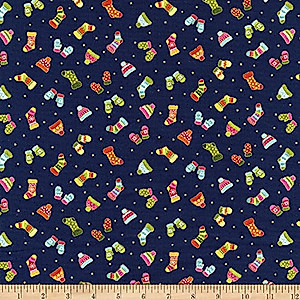Andover Makower Metallic Santa Express Woolen Mittens Midnight, Fabric by the Yard