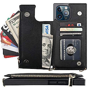 Bocasal Crossbody Wallet Case for iPhone 12 Pro Max with Card Holder,Zipper Card Slot Protector Shockproof Purse Cover with Removable Cross Body Strap 6.7 Inch(Black)