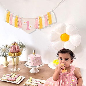 Daisy 1st Birthday Highchair Banner - Pink Yarn Tassel Banner,Girl's Pastel Cake smash Garland,Boho 1st birthday decor,Daisy Theme First Birthday Party Decoration,Pink 1st Birthday Cake Smash Backdrop