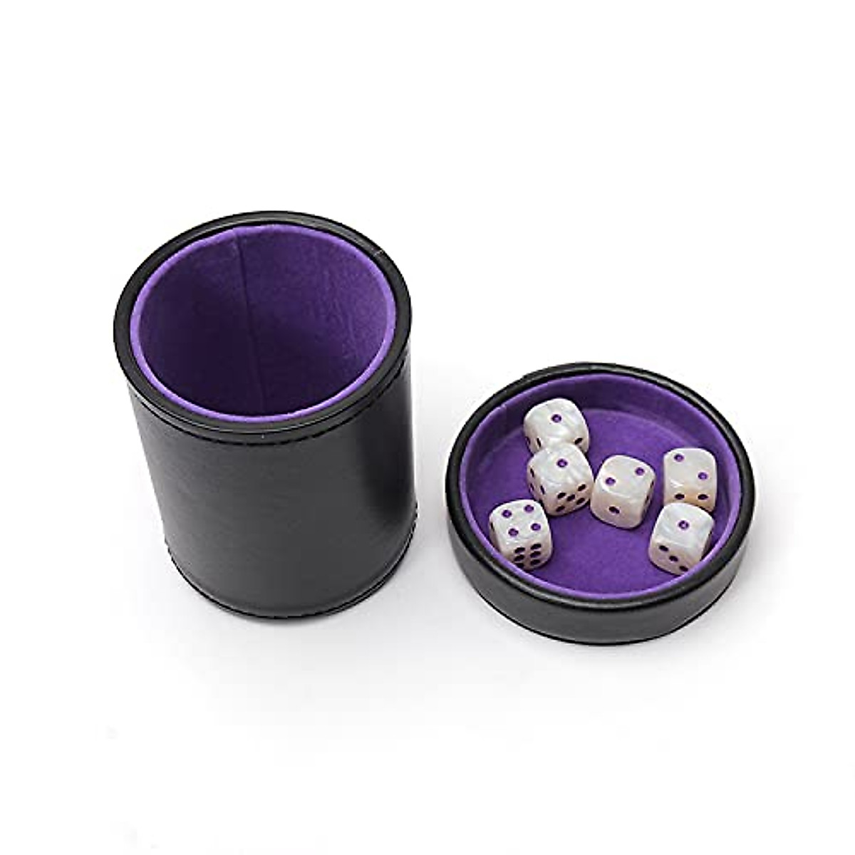 Luck Lab Leather Dice Cup with Lid Including 6 Matching White Pearl and Purple Dice - Purple Velvet Interior for Quiet Shaking - Use for Liars Dice Farkle Yahtzee Board Games, Black