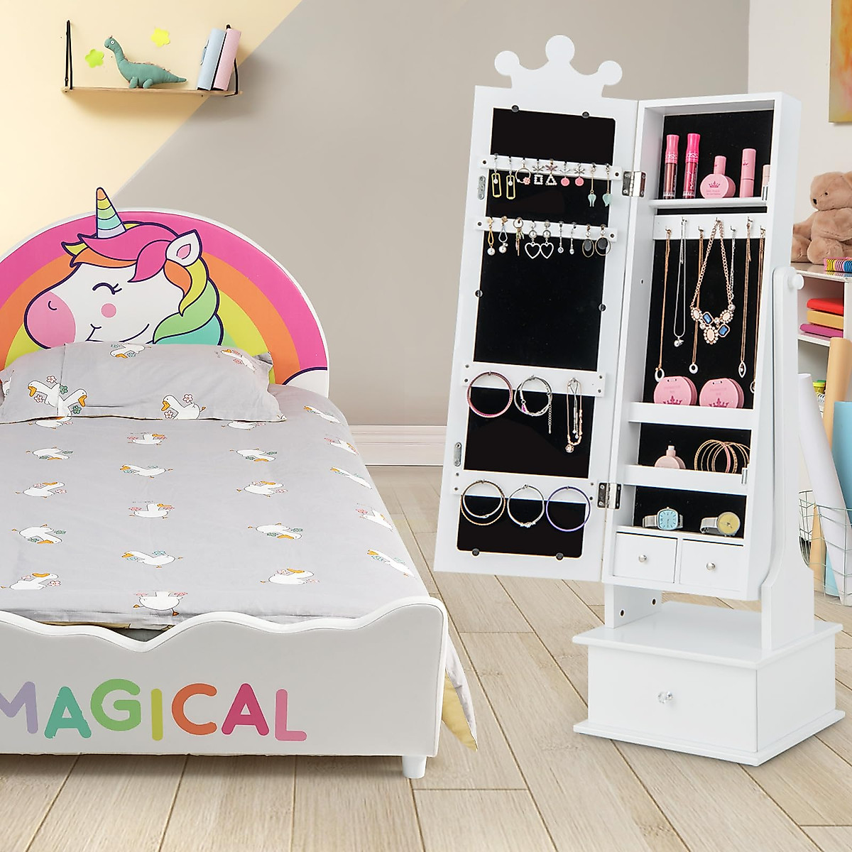 HONEY JOY Kids Jewelry Armoire Cabinet, 2-Angle Tilting Wooden Standing Jewelry Organizer with Full-length Mirror and Storage Drawers, Children Dress Up Jewelry Cabinet for Little Girls (White)