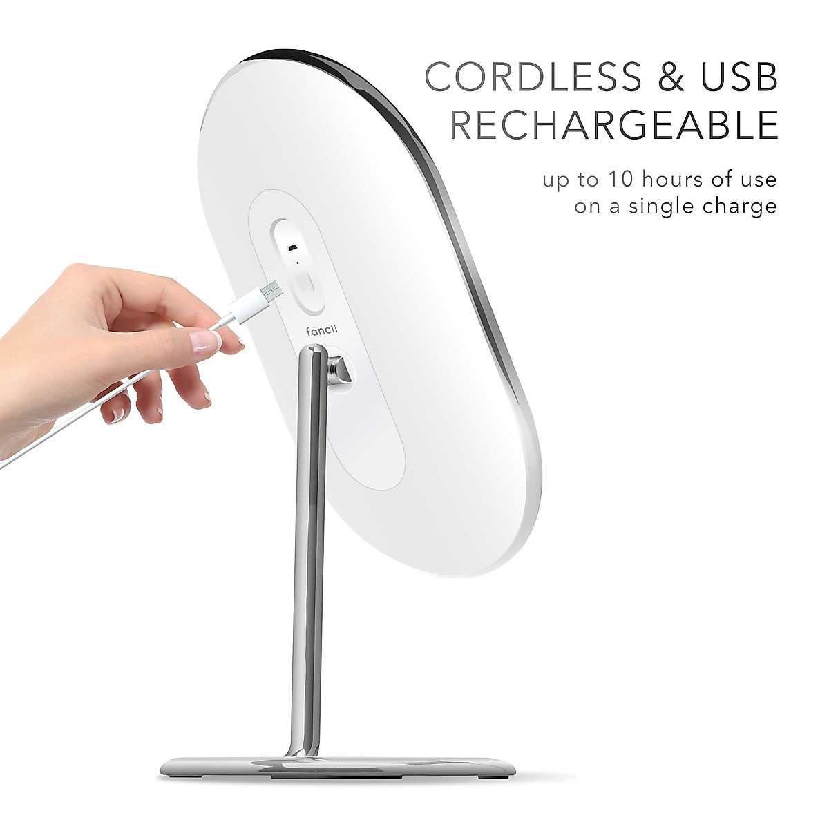 Fancii Wall Mount LED Lighted Vanity Makeup Mirror, Rechargeable - Cordless Illuminated Cosmetic Mirror with 3 Dimmable Light Settings, Dual Magnification - Vera (Chrome)