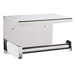 Toilet Paper Holder with Shelf Wall Mounted, Adhesive Toilet Paper Roll Holder, Stainless Steel Tissue Roll Dispenser Storage, Adhesive No Drilling Or Drilling with Screws (Polished Chrome)