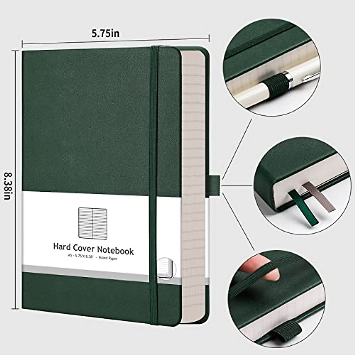 AHGXG Lined Journal Notebook - 320 Numbered Pages Thick Journal for Writing A5 College Ruled Notebook, 100gsm Lined Paper, Leather Hardcover, for Women Men Work Office School, 5.75'' X 8.38''-Green