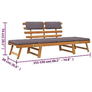 vidaXL 2-in-1 Convertible Outdoor Bench, Patio Daybed, Garden Day Bed, Weather-Resistant Solid Acacia Wood, 26.8" x 74.8" x 29.1" Brown Frame & Dark Gray Cushion