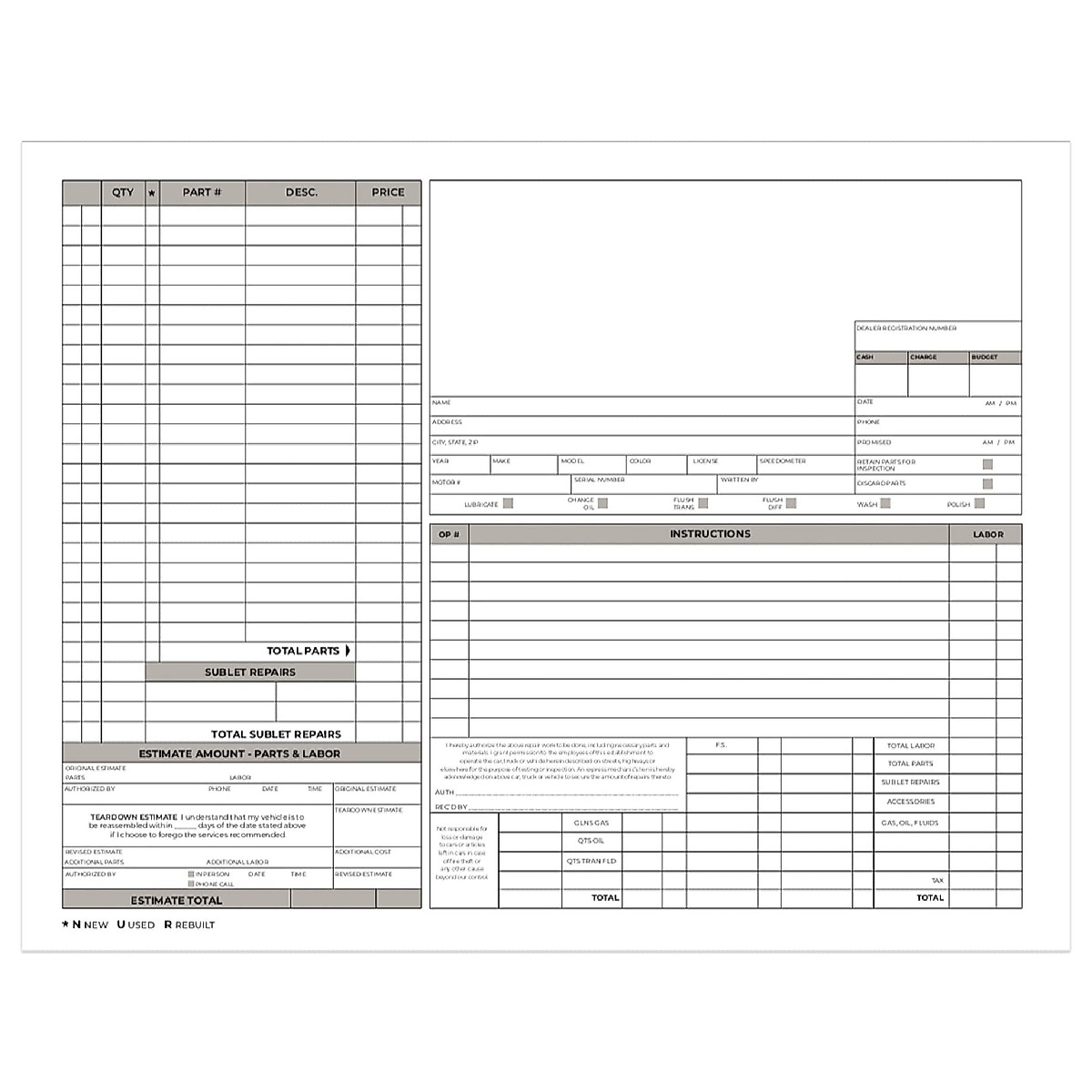 Auto Repair Check 3-Part Carbonless Invoice Form Pad / 50 Carbon Copy Sets / 8.5" x 11" Automotive Vehicle Mechanic Purchase Sales Receipt Book Forms