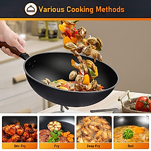 HIHEGD Carbon Steel Wok, 13 Inch Wok Pan with Lid Woks & Stir-Fry Pans with Spatula, No Chemical Coated Flat Bottom Wok for Induction, Electric, Gas Stove, All Stoves