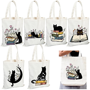 Silkfly 6 Pcs Book Lovers Gifts Aesthetic Canvas Book Tote Bag with Interior Pocket Cute Tote Bag Reusable Shopping Bags(Cat)