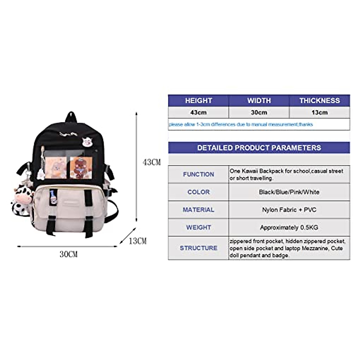 DACHAIHU Kawaii Backpack Aesthetic School Bags 17in Cute Bookbag with Badge&Cute Pendant,Large Capacity Kawaii Backpacks for School Black1