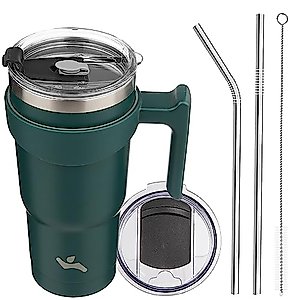 Konokyo 20 oz Tumbler with Handle and 2 Straw 2 Lid, Insulated Water Bottle Stainless Steel Vacuum Cup Reusable Travel Mug,Army Green