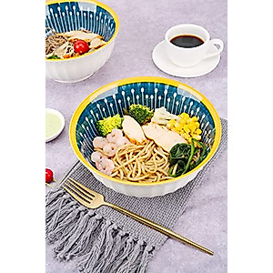 bozopion 56 oz Ceramic Salad Bowls,8 Inch Serving Bowls,Set of 2,Porcelain Bowls for Kitchen,White Blue and Yellow