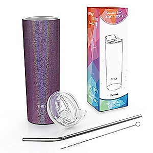 THILY Stainless Steel Insulated Skinny Tumbler 22 oz Travel Cup with Lid and Straw, Portable, Reusable, for Ice Coffee, Beer, Gifts for Women & Girl, Glitter Red-Brown