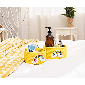 LixinJu Small Basket for Organizing Small Woven Basket Set of 2 Rainbow Small Rope Basket Decorative Mini Storage Bins Round Little for Desk Dog Cat Toy Kids Baby Girls Gifts, Yellow