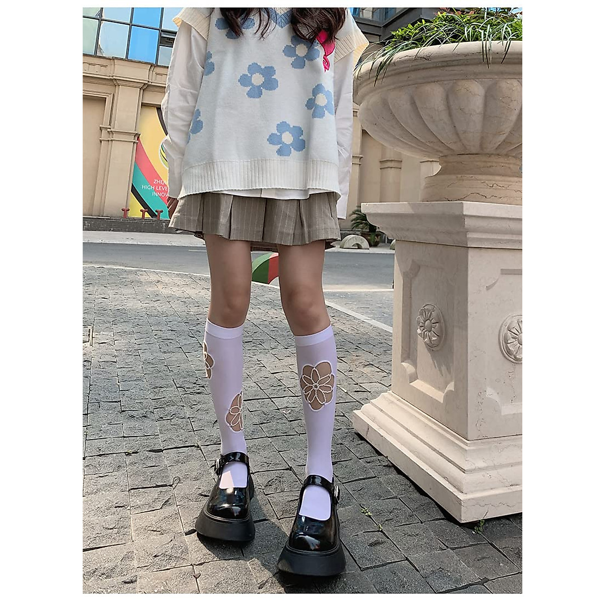 Sahabowi White Pearl Flower Handcraft Calf Socks For Women, Nylon Silk High Knee Stockings, Elastic Stretch Thin(HS2023042407white, 1pair)