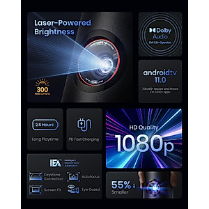 Nebula Anker Capsule 3 Laser 1080p, Smart, Wi-Fi, Mini Projector, Black, Portable Projector, Laser Projector, Autofocus, 120-Inch Picture, Built-in Battery, 2.5 Hours of Playtime (Renewed)