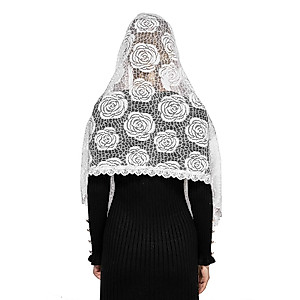 Wgior Rose Rectangular Chapel Veil Scarf Catholic Church Veils Mantilla Wrap Shawl Mass Head Covering (White)