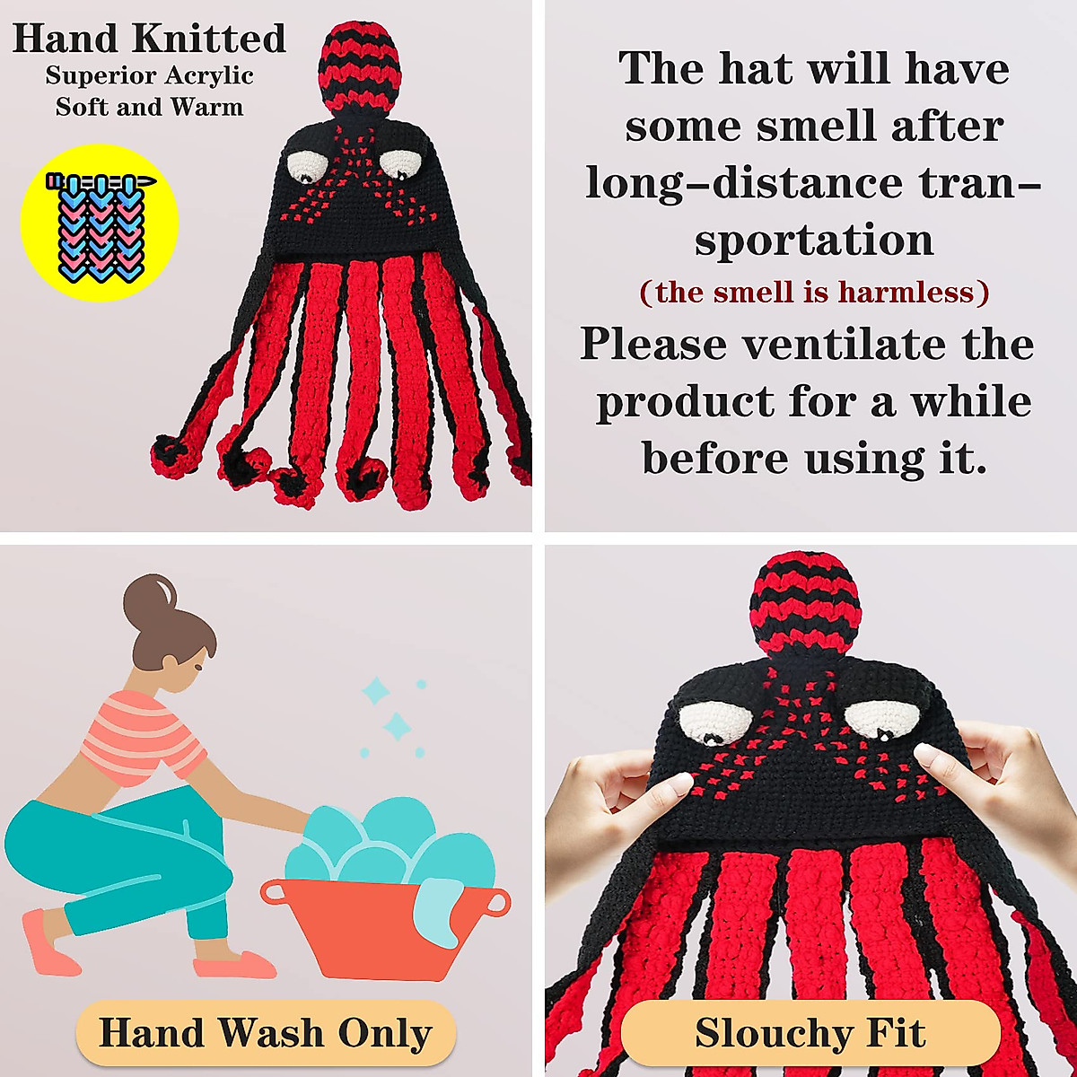 Aizami Knitted Winter Hat Knit Beanie Octopus Hat Unique Soft and Warm Hand Weave Hat for Women and Men Christmas Hat Black