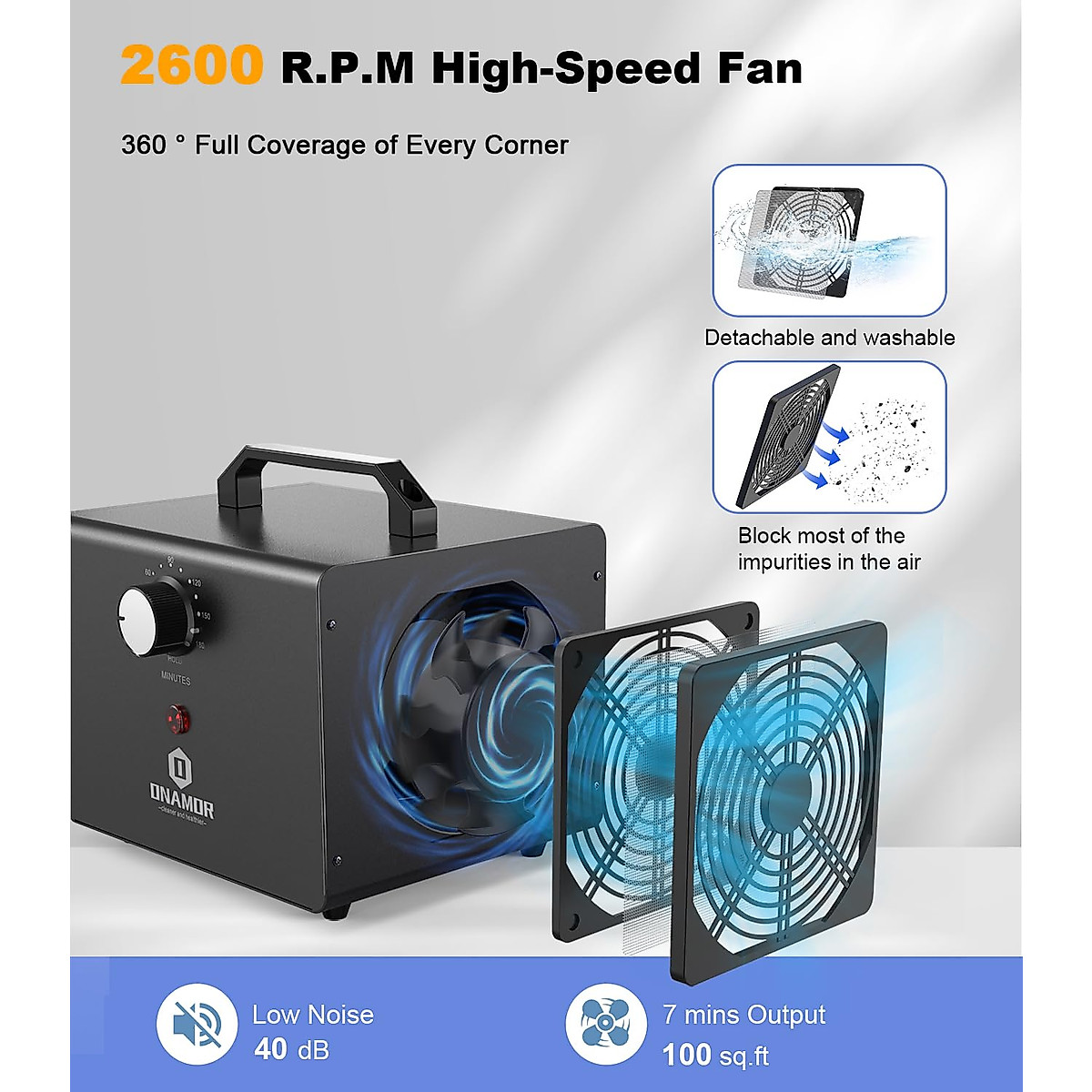 ONAMOR Ozone Generator 30000mg/h, Ozone Machine Ionizer O3 Deodorizer for Home, Basement, Smoke, and Pet Room (Eliminating Odors Area up to 4000 Square Feet, All Metallic Black)