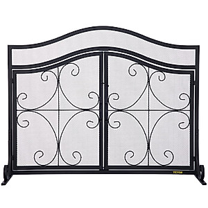 VEVOR Fireplace Screen, 39 x 26.6 Inch, Double Door Iron Freestanding Spark Guard with Support, Metal Mesh Craft, Broom Tong Shovel Poker Included for Fireplace Decoration & Protection, Black