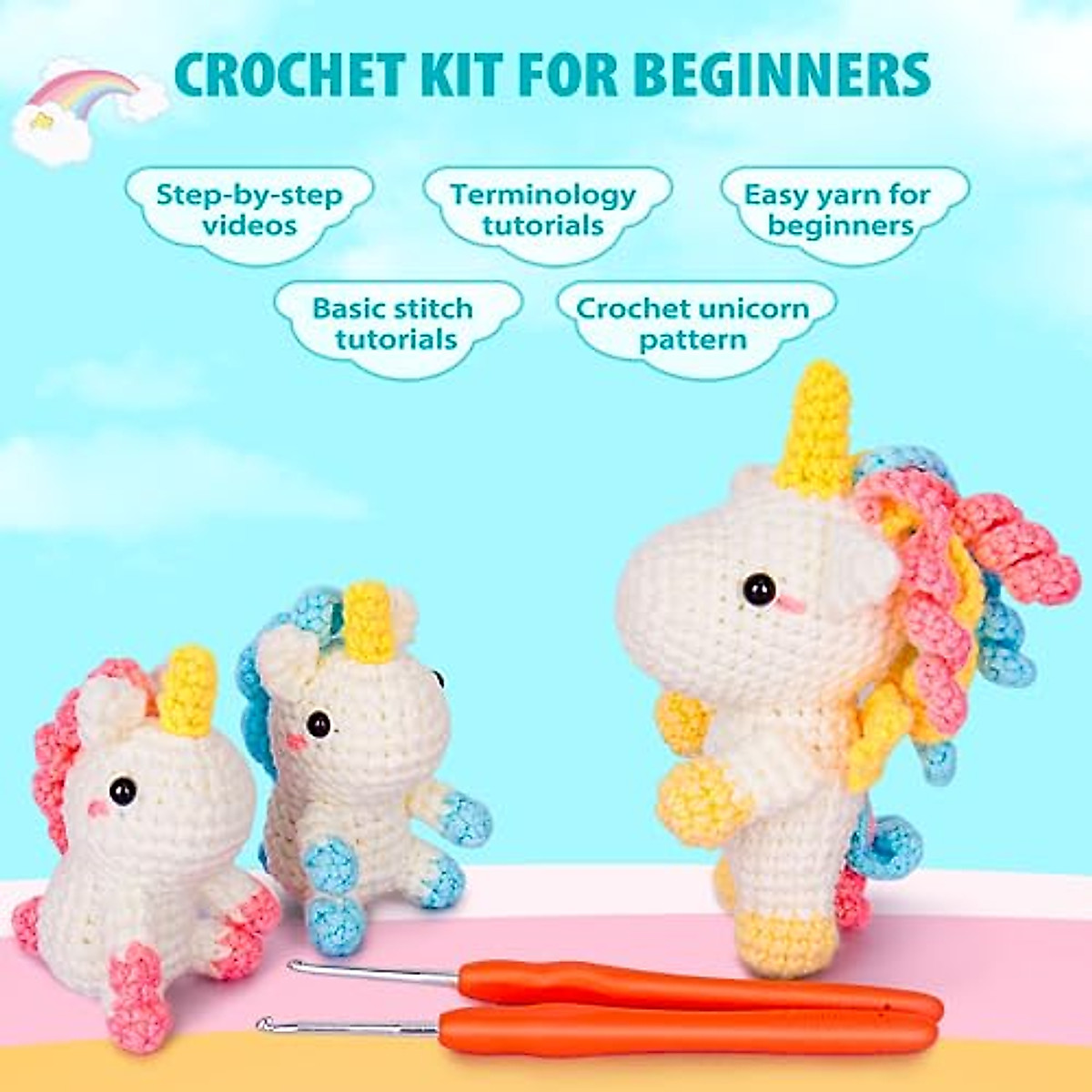 Crochetta Crochet Kit for Beginners, Amigurumi Crocheting Animals Kits w Step-by-Step Video Tutorials, Knitting Starter Pack for Adults and Kids, Jumbo 3 Unicorn Familly (40%+ Yarn Content)