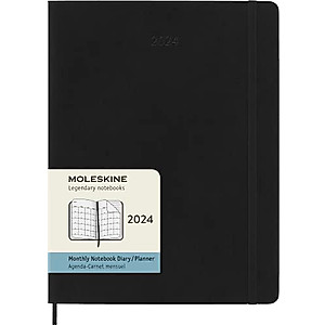 Moleskine DSB12MN4Y24 Notebook, Beginning January 2024, 12 Months, Months, Diary Softcover, XL Size (W x H x H): 7.5 x 9.8 inches (19 x 25 cm), Black