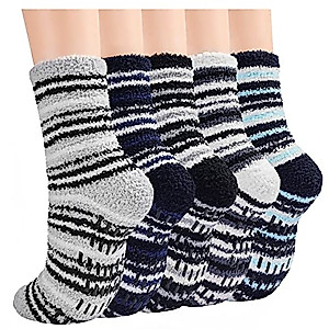 Fuzzy Socks Men with Grippers, Winter Fluffy Slipper Socks Stocking Stuffers Mens Hospital Socks Cozy Warm Non Slip Heated Plush Sleep Footies 5 Pairs