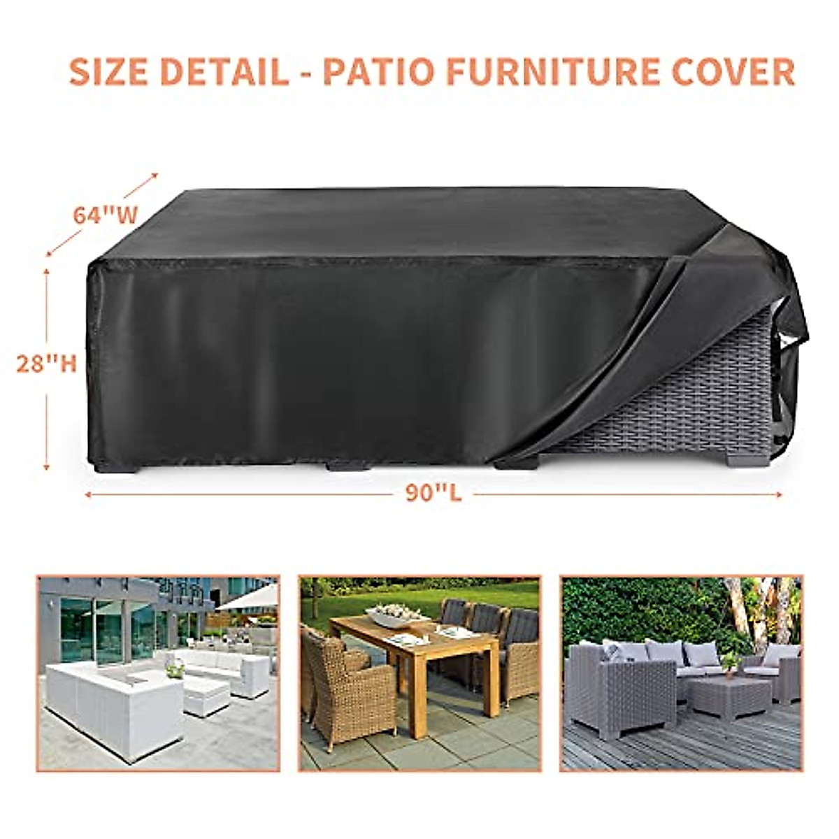 UMINEUX Outdoor Waterproof Patio Furniture Covers,420D Oxford Polyester Black Rectangular Sectional Furniture Set Covers with Windproof Buckles Air Vents (90" L x64 W x 28" H)