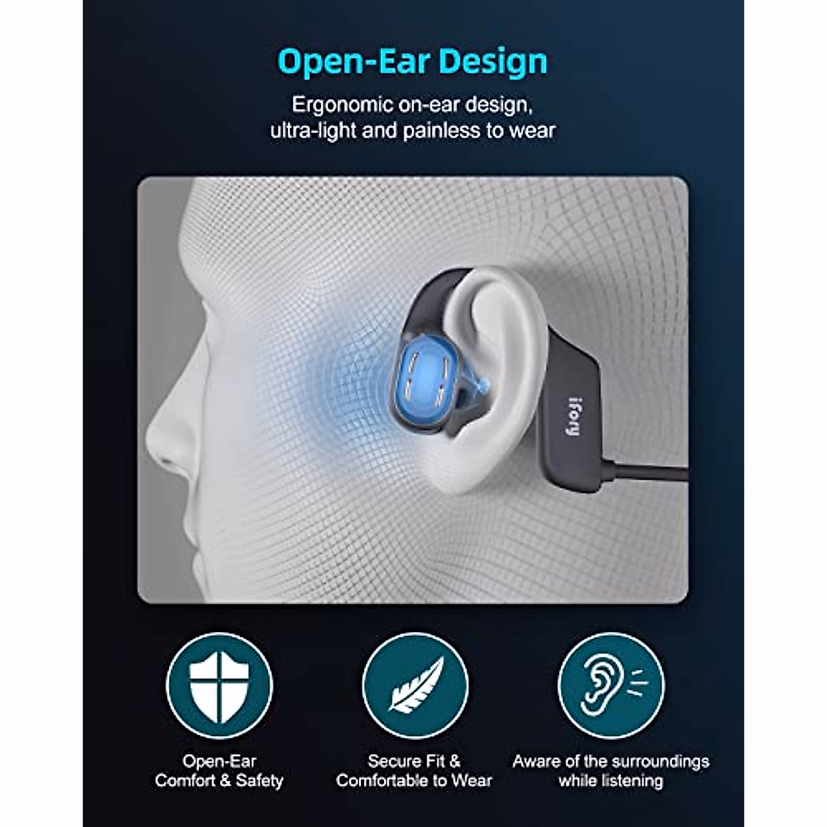 iFory Bone Conduction Headphones, Open Ear Bluetooth 5.2 Sports Headset Built with mic, 10h+ Hours Playtime Waterproof Sweat Resistant Wireless Earphones for Workouts, Running