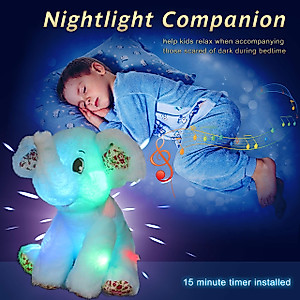 BSTAOFY 12‘’ Musical Light Up Elephant Plush Toy Floppy LED Stuffed Animals Lullabies Nightlight Bedtime for Kids Birthday Valentines for Toddlers, Blue