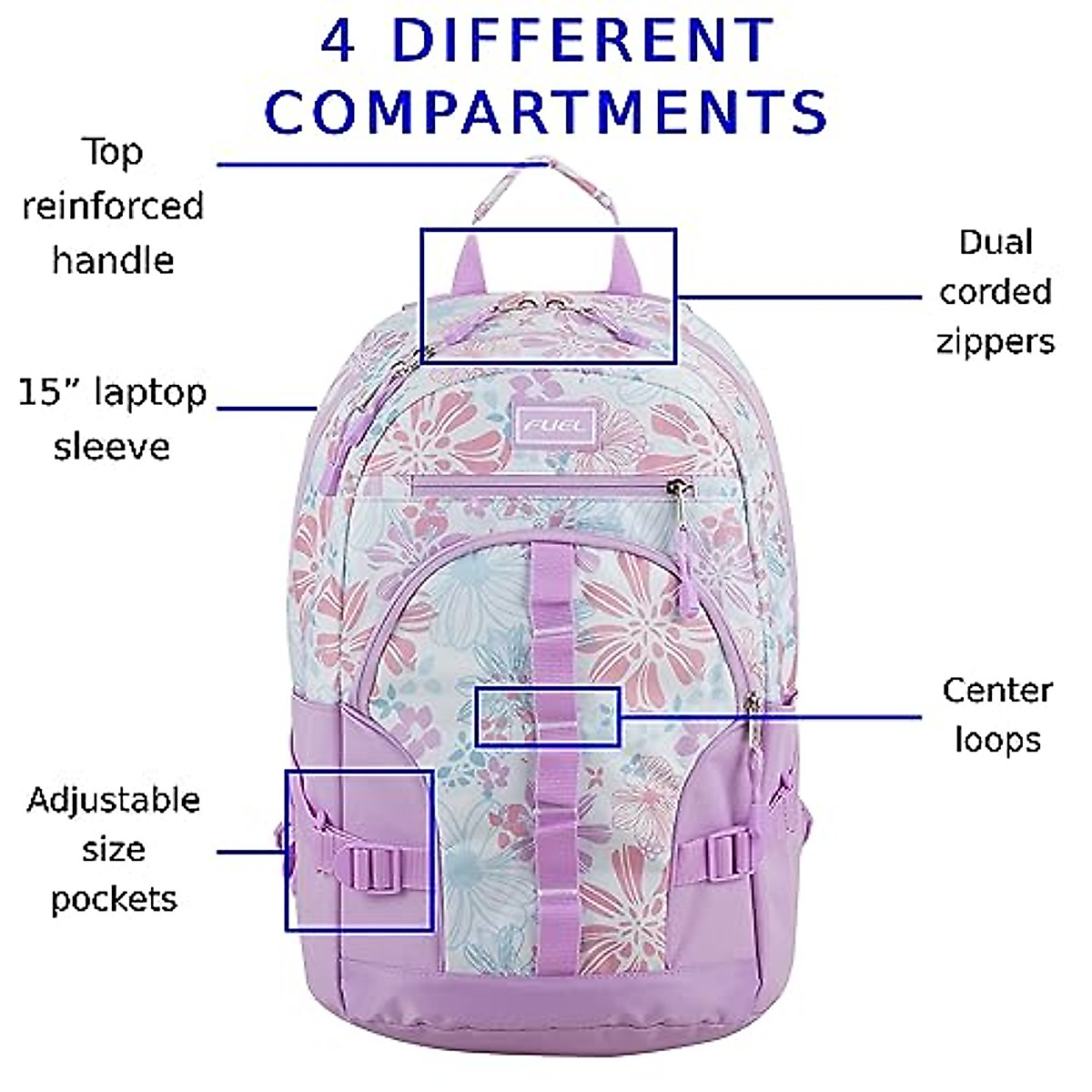 FUEL Hiking Laptop Backpack, College Bookbag, Travel Daypack with 5 Compartments, Dynamo Tech Pocket, 18.5 Inches, Lilac, Spring