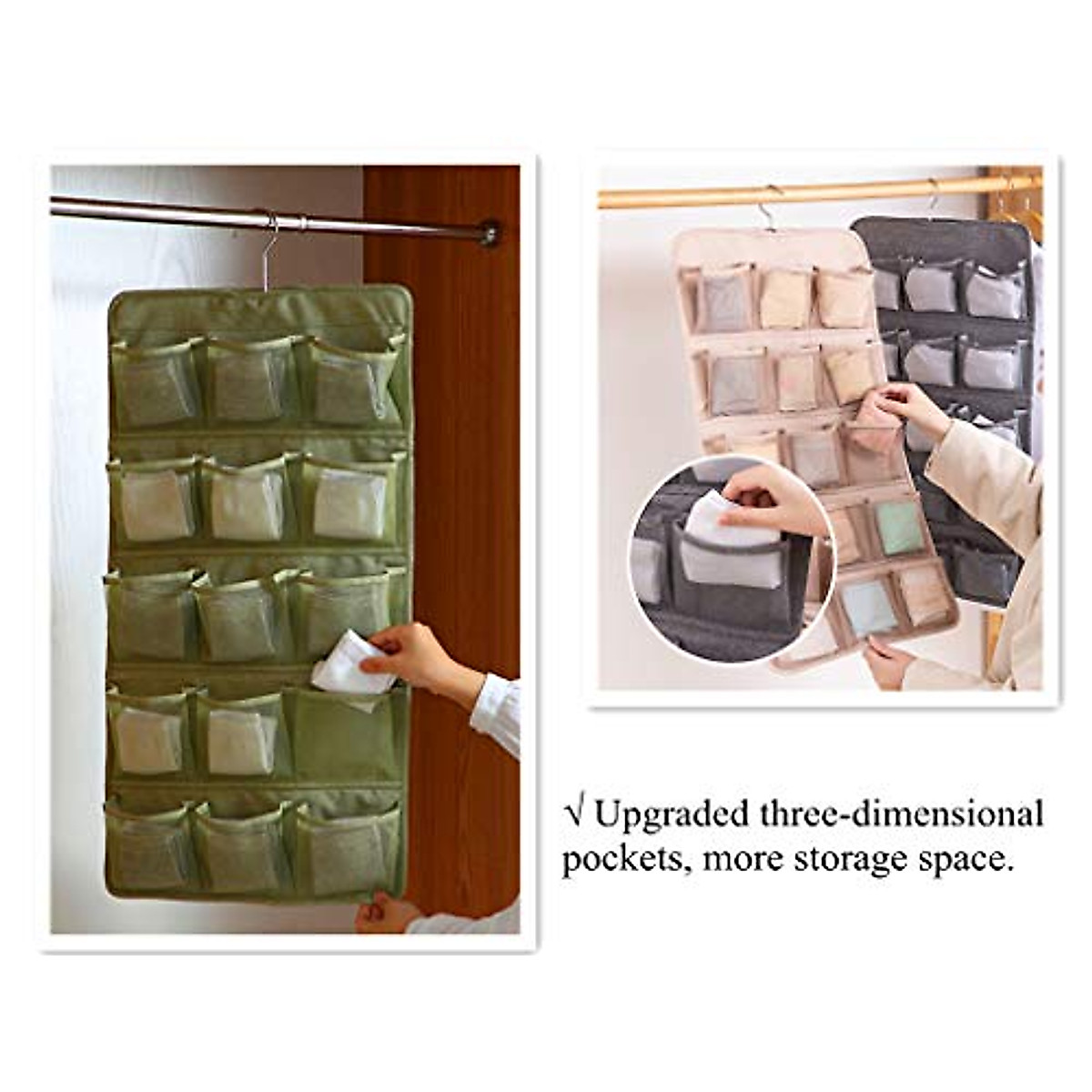Dual sided Hanging Underwear Sock Bra Stocking Organizer with 5+15 Mesh Pockets, 3D Pockets Design Durable Space Saver Bag Wall Shelf Wardrobe Storage Bags Holders (Green)