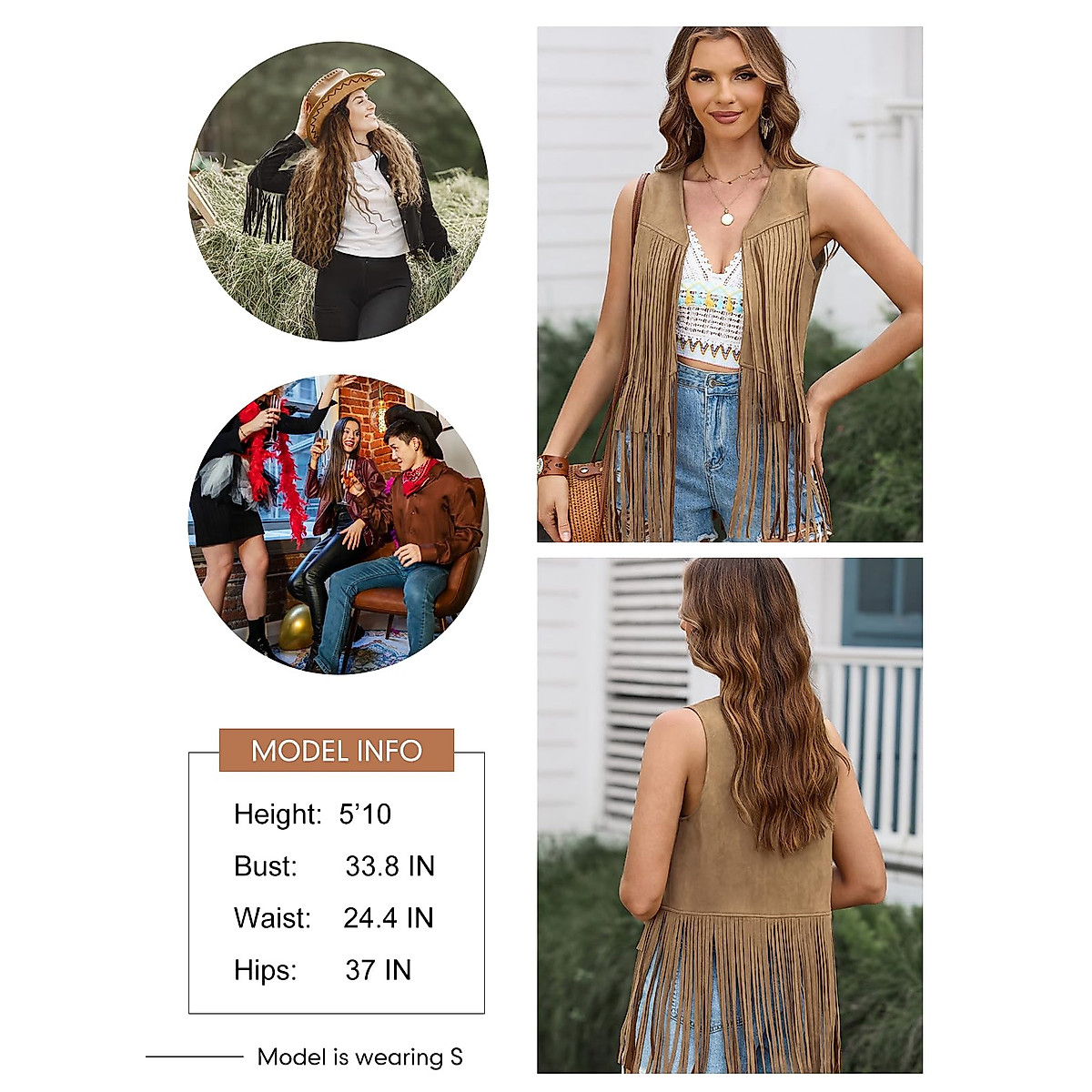 Dokotoo Womens Spring Fashion 2025 Fringe Vest 70s Theme Birthday Party Hippie Costume Rodeo Club Night Cowgirl Western Resort Wear Concert Outfits for Women Summer Vests for Women Khaki X-Large
