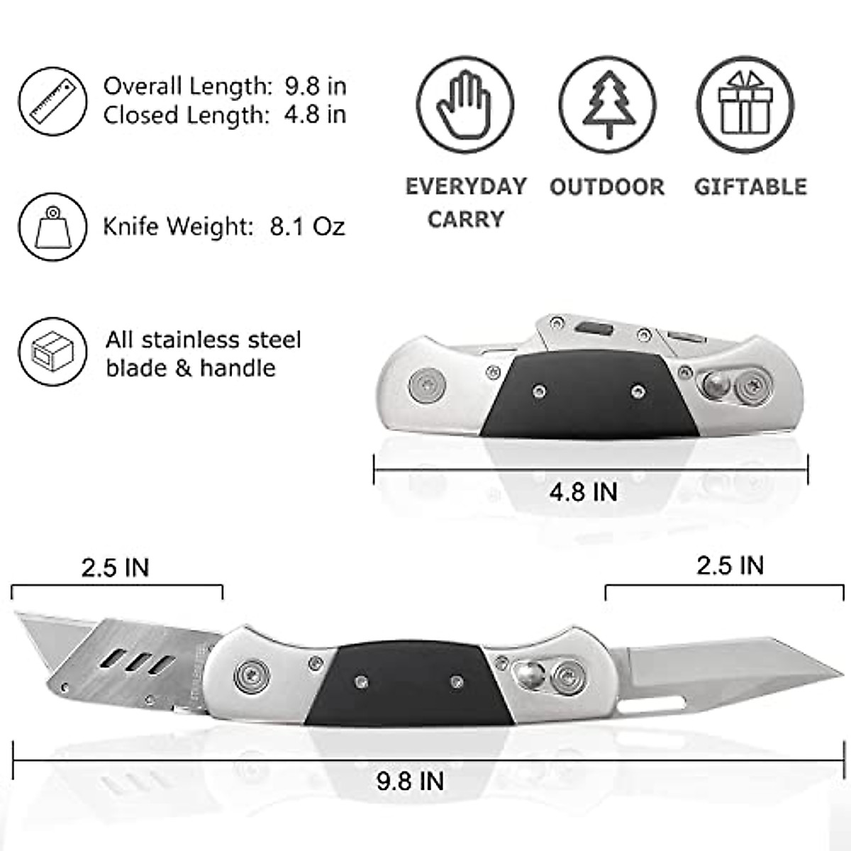 Folding Utility Knife with Sheath and 10 Razor Blades, Heavy Duty Box Cutter Knife with Dual Blades, Construction Knife Electrician Knife for Carpet Cardboard Work, Pocket Knives Set Gift for Men