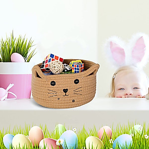 Zopeal Cat Basket Storage Woven Basket Organizer with Ears Decorative Pet Toy Cute Basket Cotton Rope Basket for Gift Cat Dog Toy Bin Nursery Room Kid (Khaki,8.3 x 4.7 Inch)