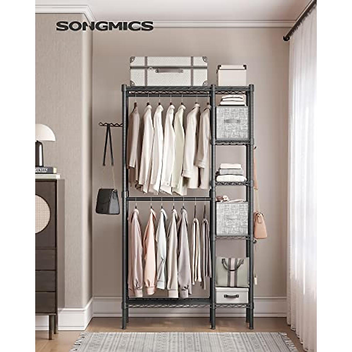 SONGMICS Garment Rack Heavy Duty Clothes Rack, Freestanding Portable Wardrobe Closet for Hanging Clothes with 2 Storage Boxes, 8 Hooks, Adjustable Wire Shelves, 2 Hanging Rods, Black ULGR422B01