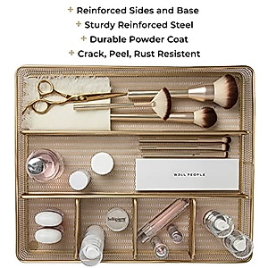 BLU MONACO Desk Drawer Organizer Tray for Office Organization - 6 Compartments - Gold Metal Mesh Large Drawer Organizer for Accessories and Office Supplies