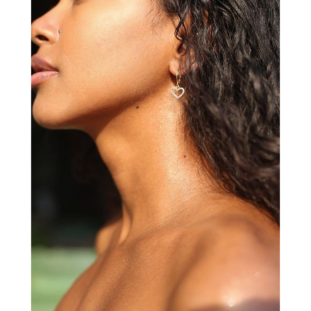 Gold Mini Dangle Huggie Earrings for Women, Dainty 14K Gold Plated Cubic Zirconia Small Hoop Earrings with Charm Drop, Jewelry Gift for Women Ladies (Hollow Heart CZ)