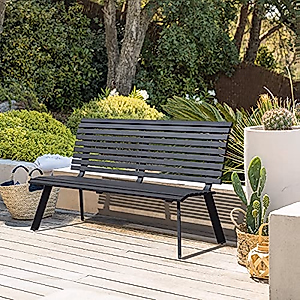 Soleil Jardin Outdoor Aluminum Garden Bench, Patio Porch Chair Furniture, Slatted Design w/Backrest, Dark Grey