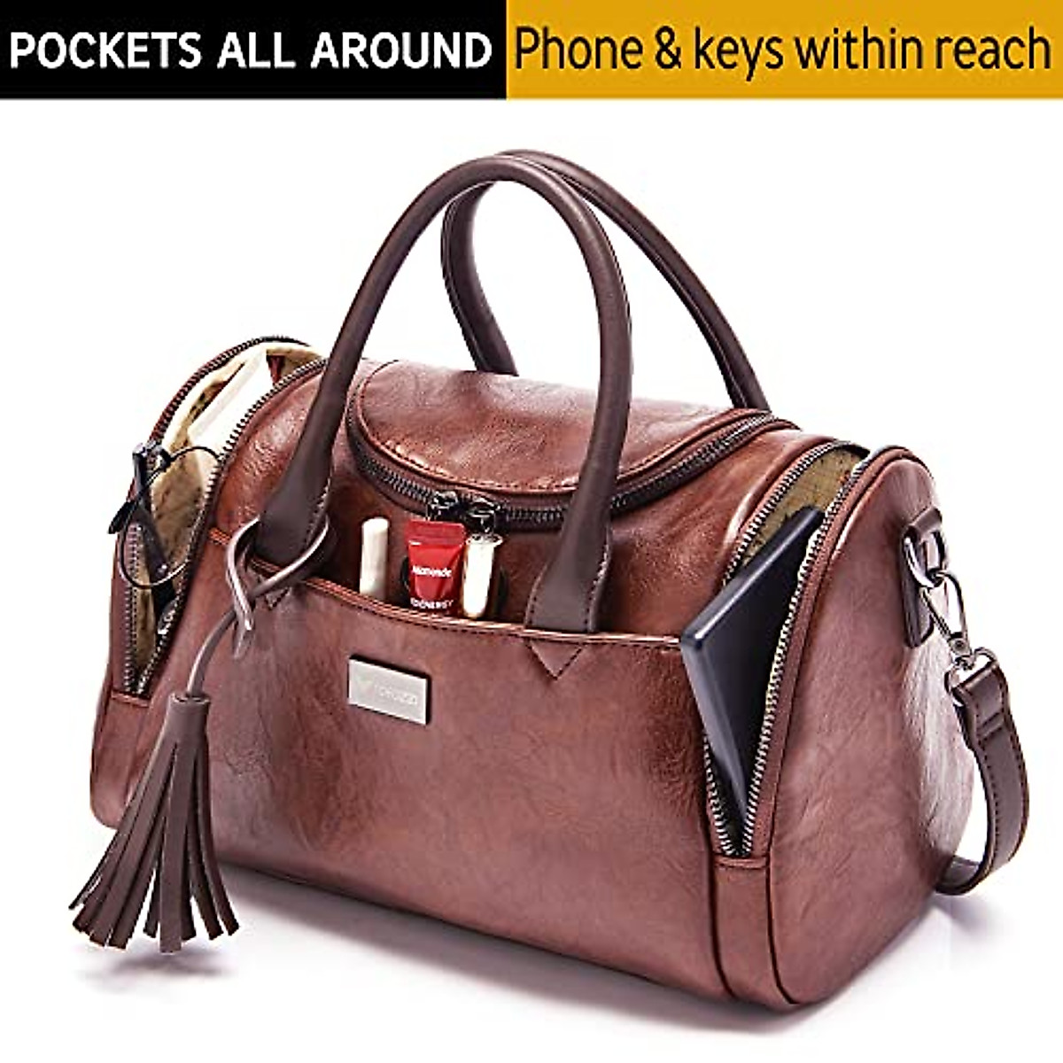 rofozzi Mini Barrel Handbag for Women - Small Faux Leather Crossbody Bag with Top Handles - Multi-Compartment Shoulder Tote - Water-Resistant Easy to Clean Vegan Leather Purse - Birthday Gift