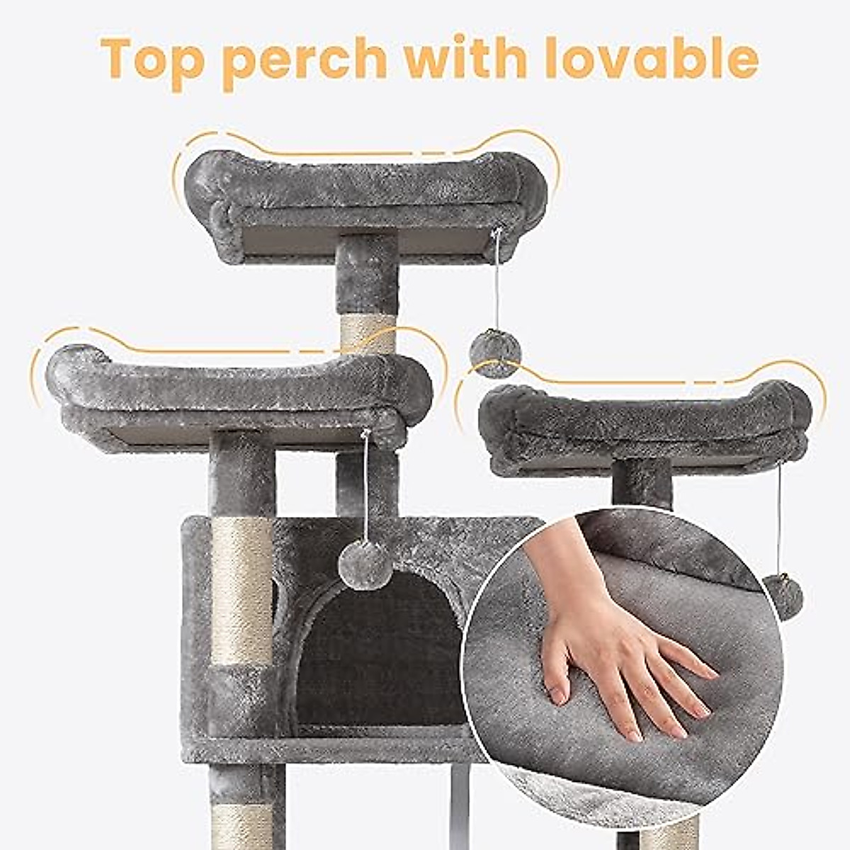 SHA CERLIN 68 Inches Multi-Level Large Cat Tree for Large Cats/Big Cat Tower with Cat Condo/Cozy Plush Cat Perches/Sisal Scratching Posts and Hammocks/Cat Activity Center Play House, Grey